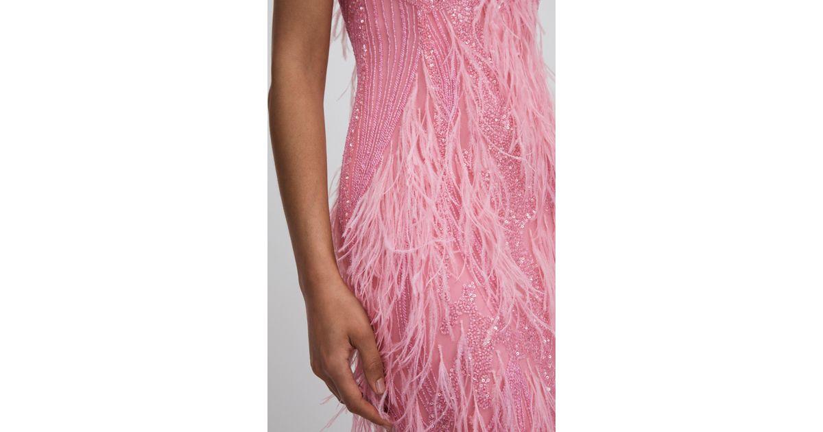 Rachel Gilbert Rachel Sequin Feather Midi Dress in Pink | Lyst UK