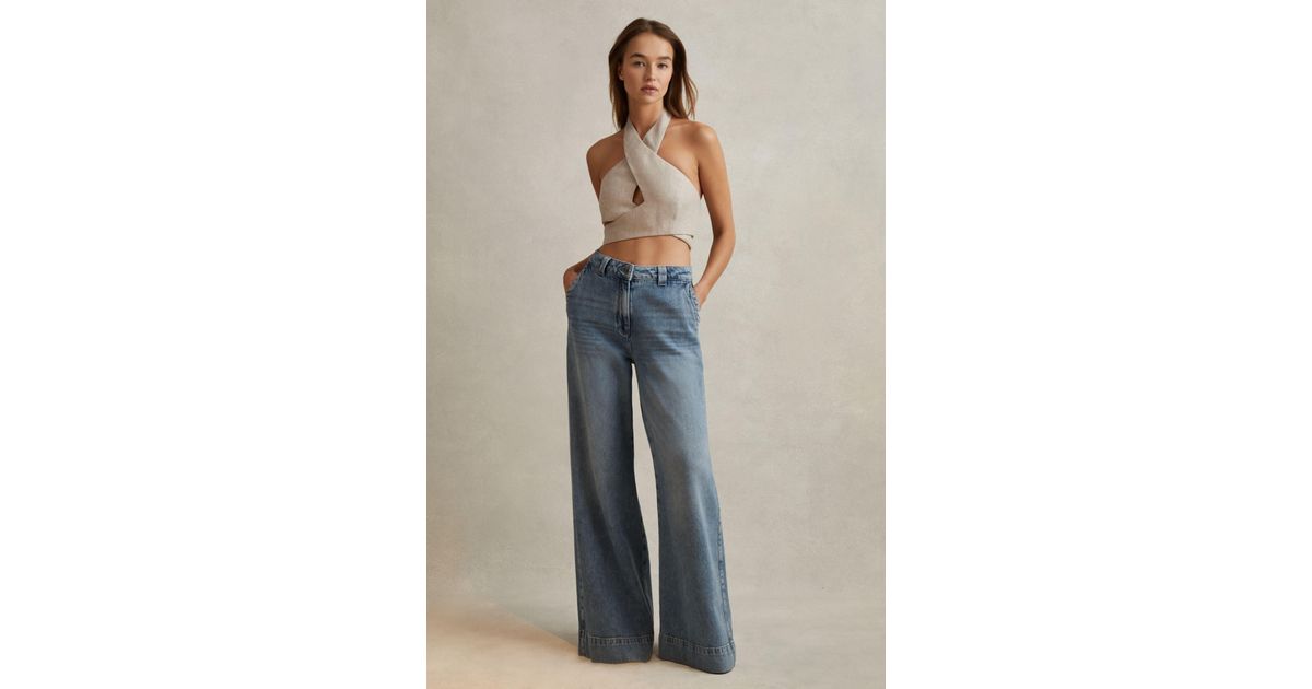 Reiss Abigail - Neutral Linen Halter Neck Cropped Top in Blue | Lyst UK