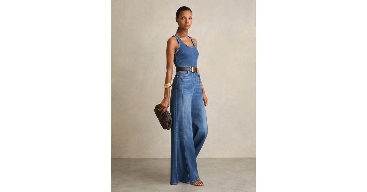 Reiss Wide-Leg Racer-Back Denim Jumpsuit in Blue | Lyst