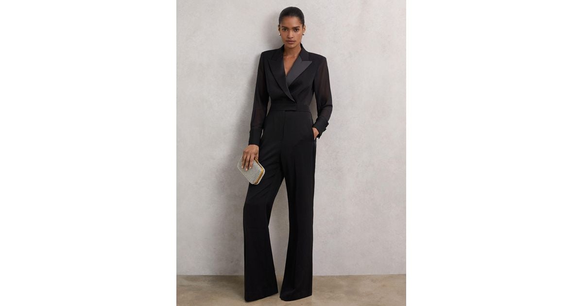 Reiss Sheer-Sleeve Tuxedo Jumpsuit in Black | Lyst UK
