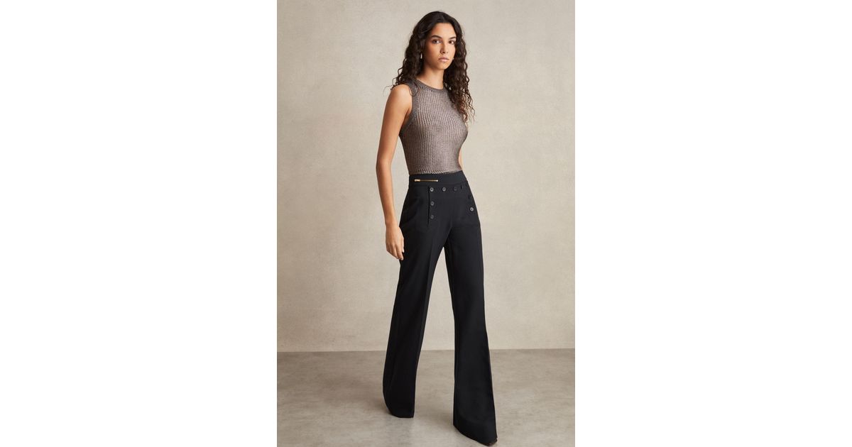 Reiss Button-Detail Wide-Leg Trousers in Blue | Lyst