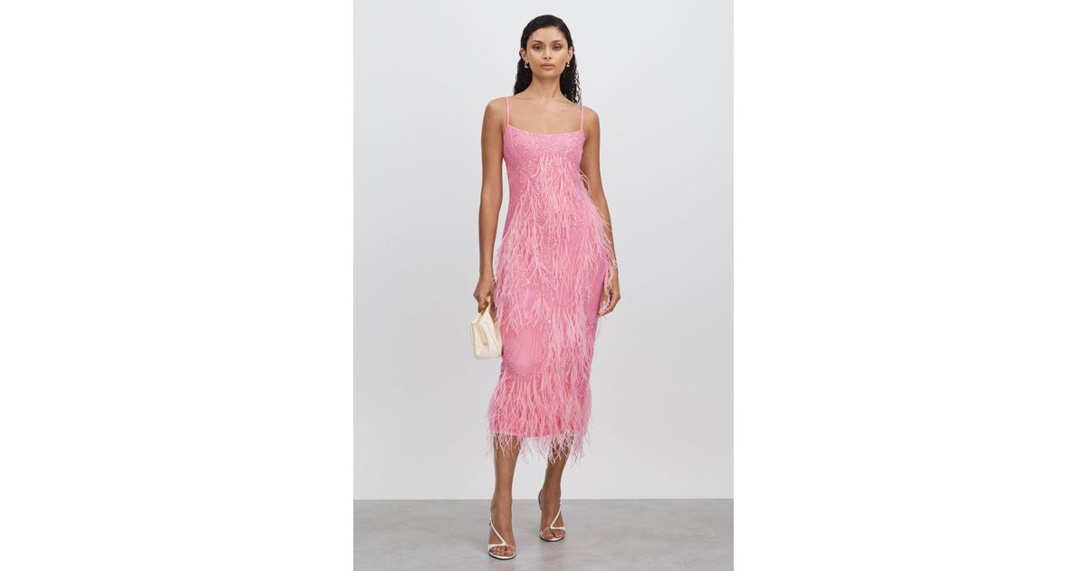 Rachel Gilbert Rachel Sequin Feather Midi Dress in Pink | Lyst