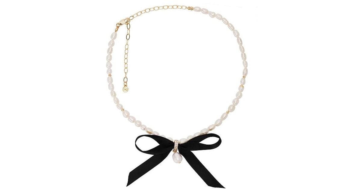 Ettika Velvet Bow Statement Pearl Choker in Black | Lyst