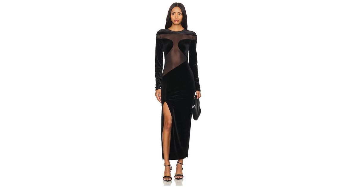 UNDRESS Velvet Mesh Panel Midi Dress in Black | Lyst