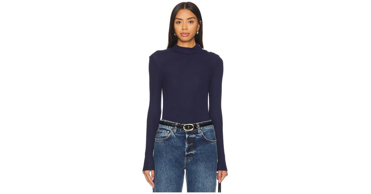 Goldie Button Shoulder Mock Neck Top in Blue | Lyst