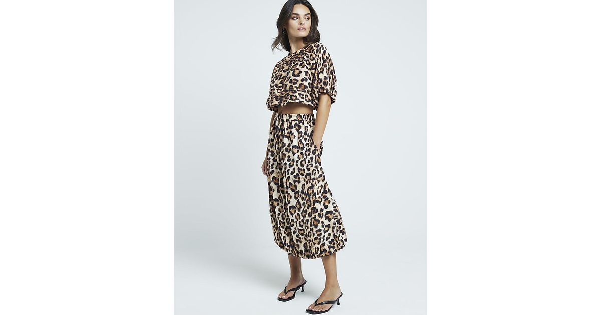 River Island Leopard Print Bubble Hem Midi Skirt in White | Lyst