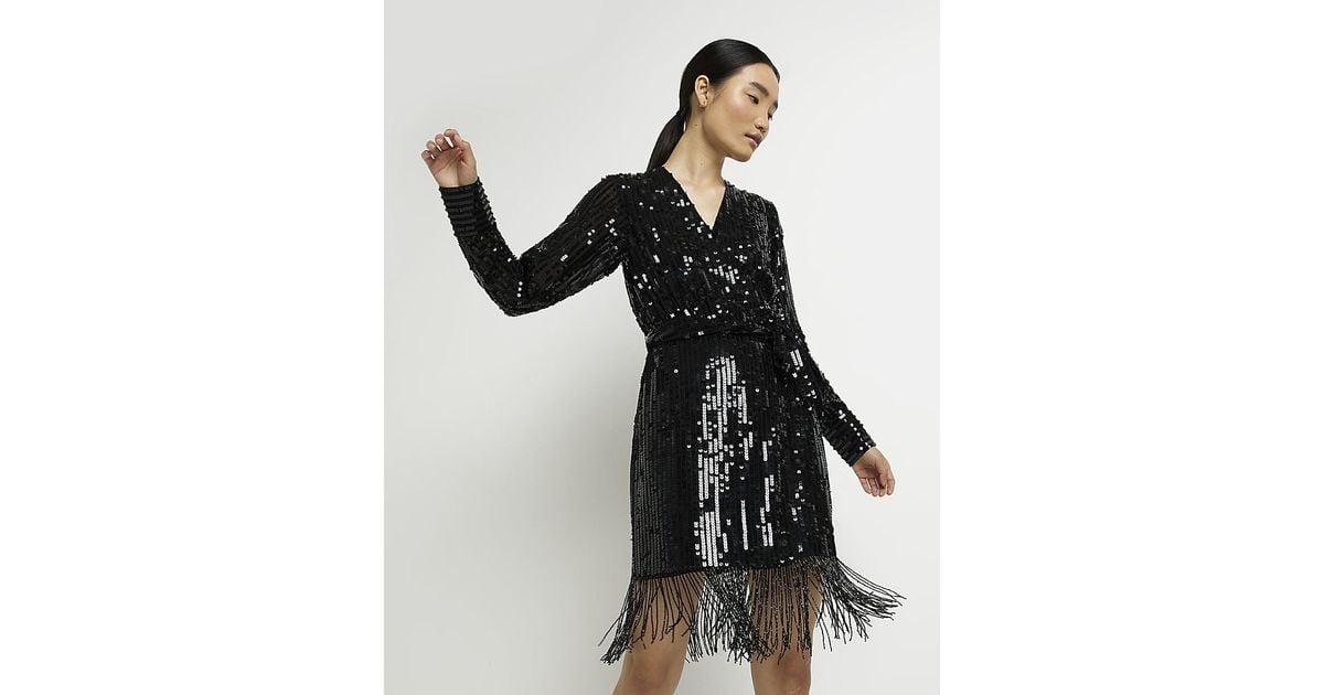 River Island Black Sequin Wrap Mini Dress Lyst Canada