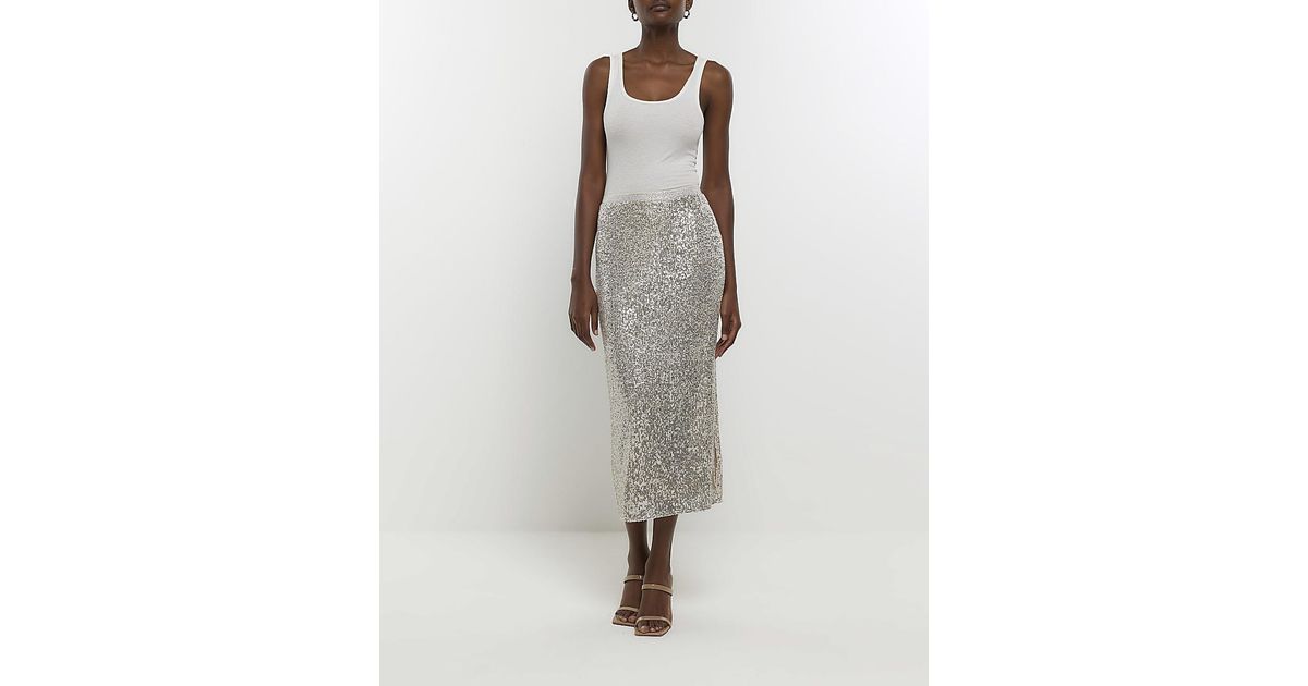River Island Silver Sequin Midi Skirt In Gray Lyst