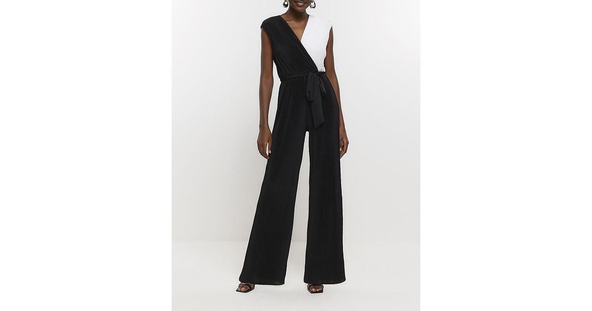 River Island Black Plisse Belted Wrap Jumpsuit Lyst