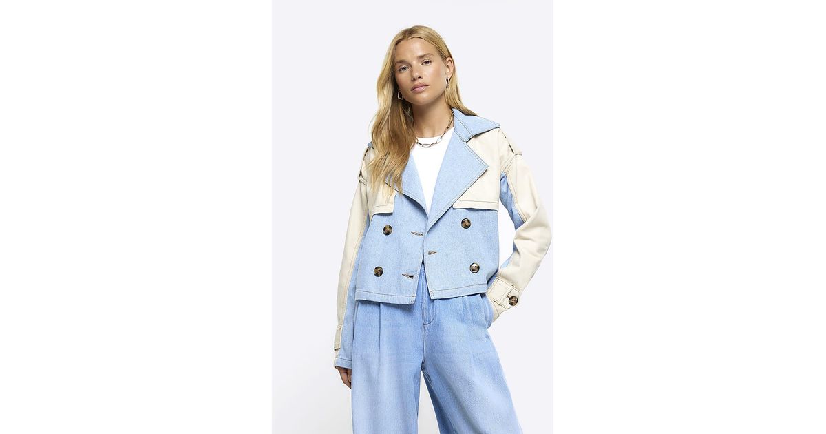 River Island Blue Denim Crop Trench Jacket | Lyst