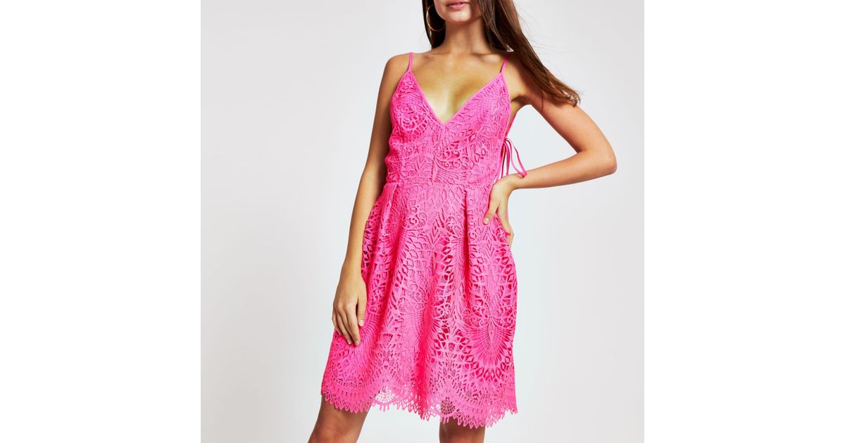 River Island Lace Skater Dress In Pink Lyst