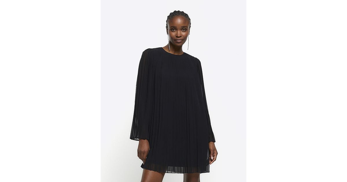 River Island Black Plisse Long Sleeve Shift Mini Dress Lyst
