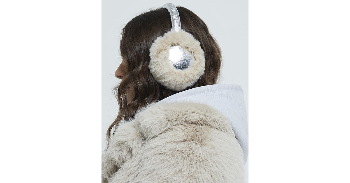 River Island Metallic Faux Fur Earmuffs in White | Lyst UK