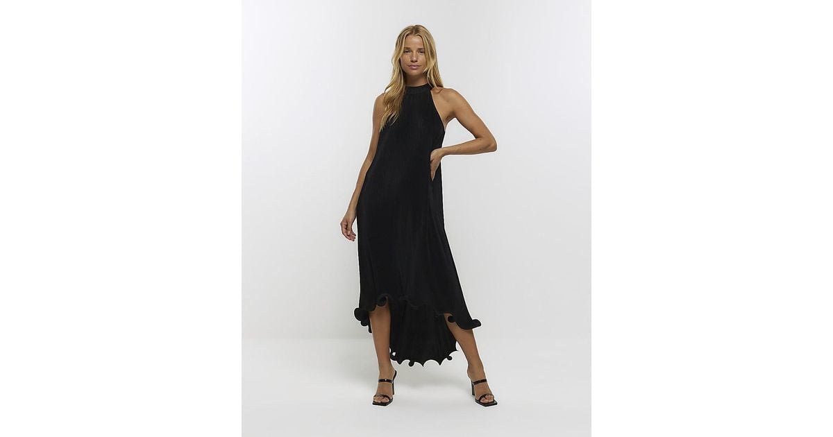 River Island Black Plisse Frill Hem Slip Midi Dress Lyst Uk