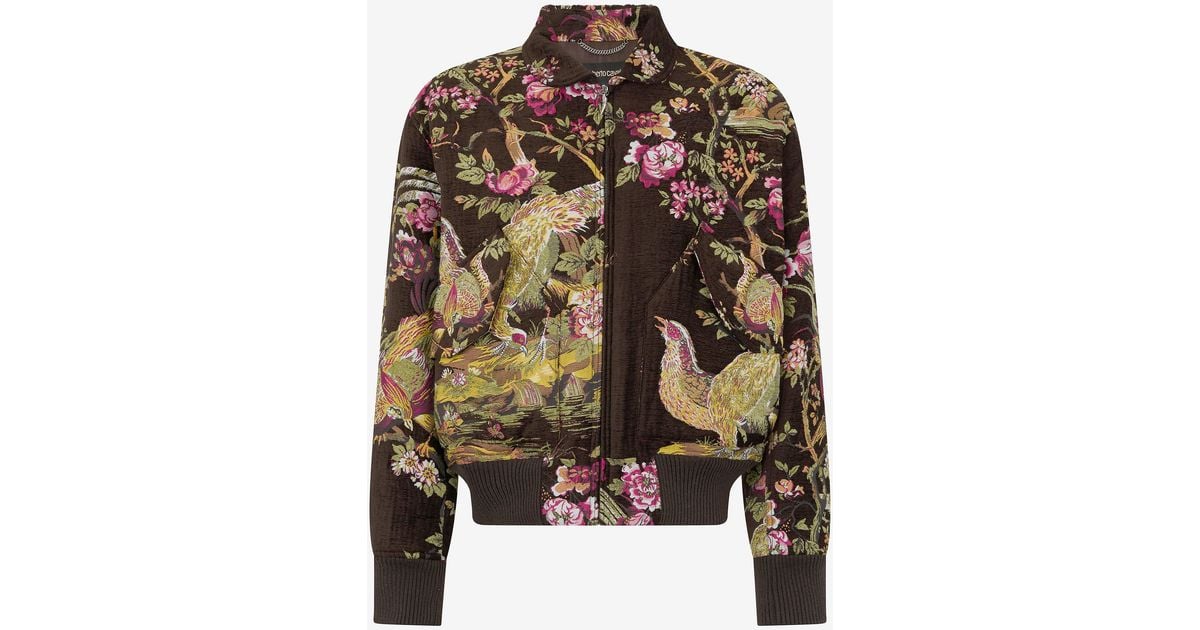 Roberto Cavalli Bomber Jacket With Oriental Bird Print in Brown for Men ...