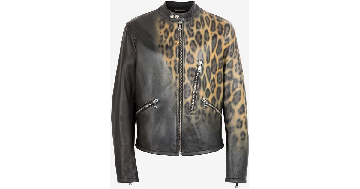 Roberto Cavalli Leopard Print Leather Bomber Jacket in Black for Men | Lyst