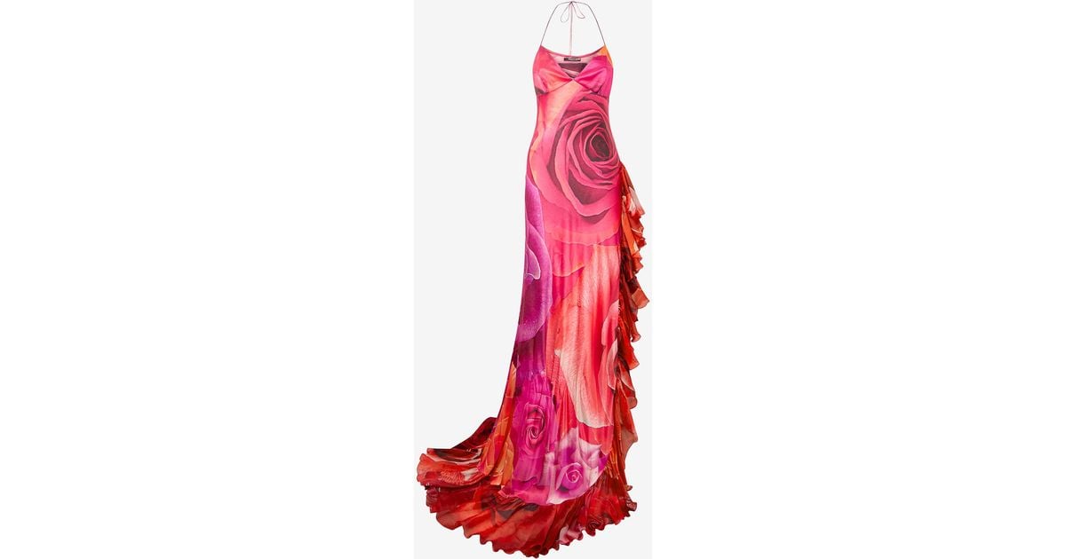 Roberto Cavalli Dress With Rose Print And Flounces in Red | Lyst