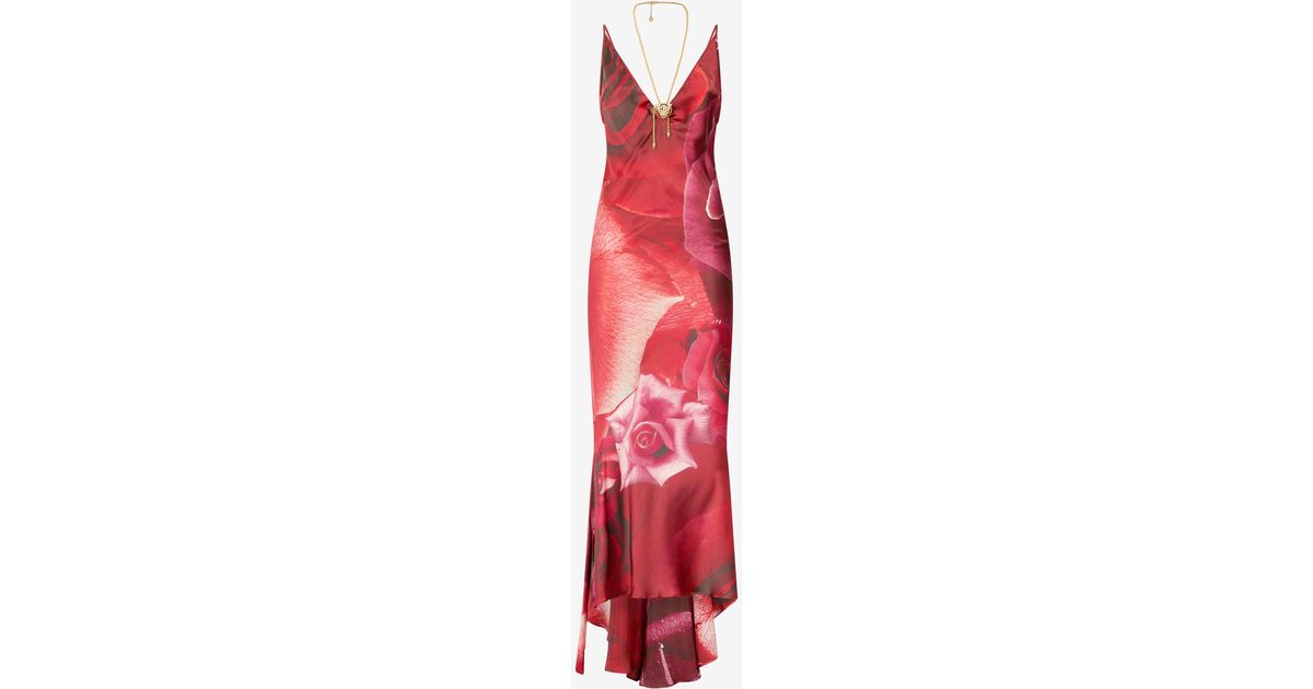 Roberto Cavalli Long Dress With Rose Print And Bejeweled Tiger in Red ...