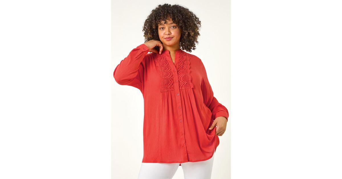 Roman Curve Curve Lace Trim Pintuck Blouse in Red | Lyst UK