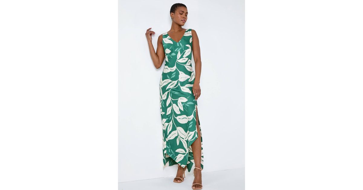 Roman Leaf Print Satin Bodycon Midi Dress in Green | Lyst UK