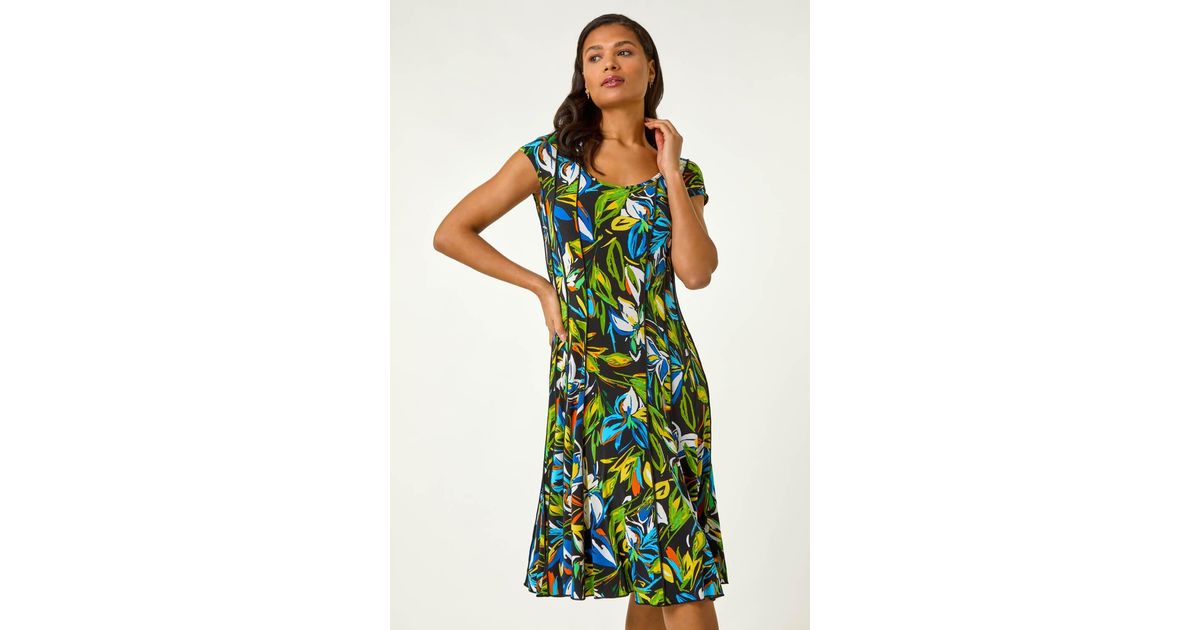 Roman Floral Print Panel Detail Stretch Dress in Green | Lyst UK