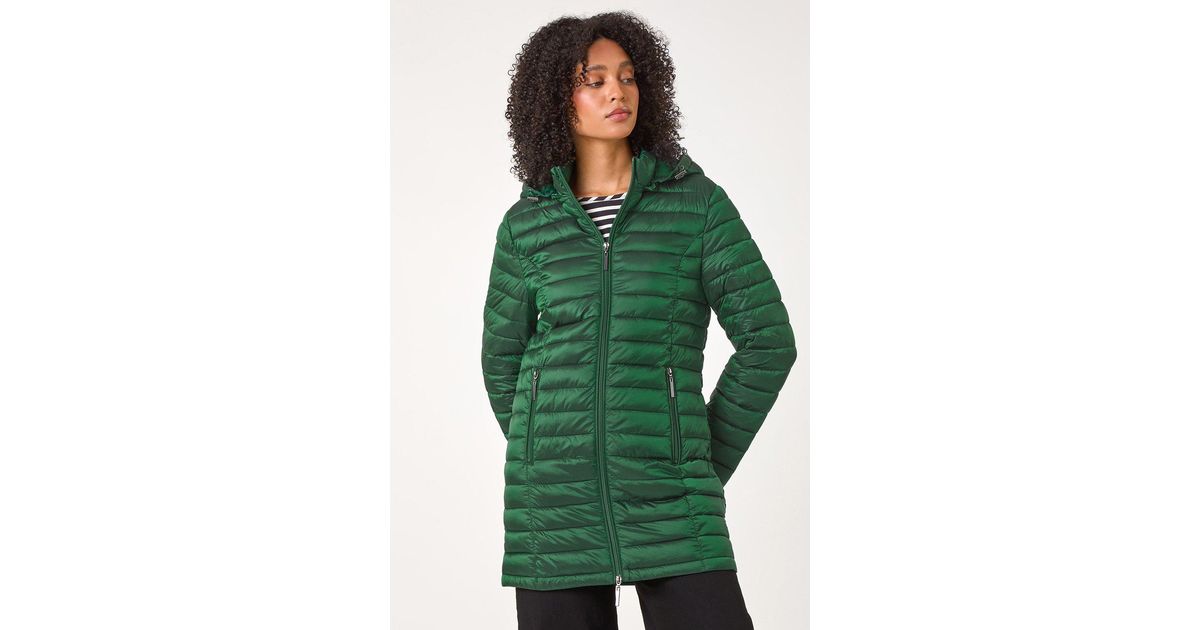 Roman Longline Quilted Hooded Puffer Coat in Green | Lyst UK