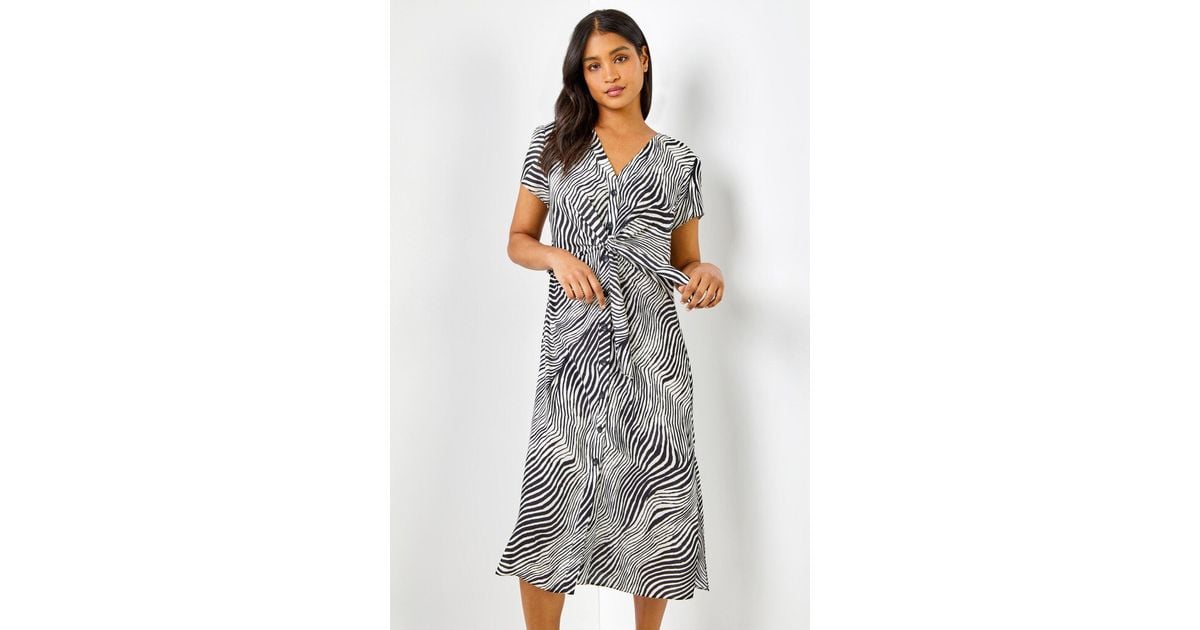 Roman Abstract Wave Print Tie Knot Detail Dress in Black | Lyst UK