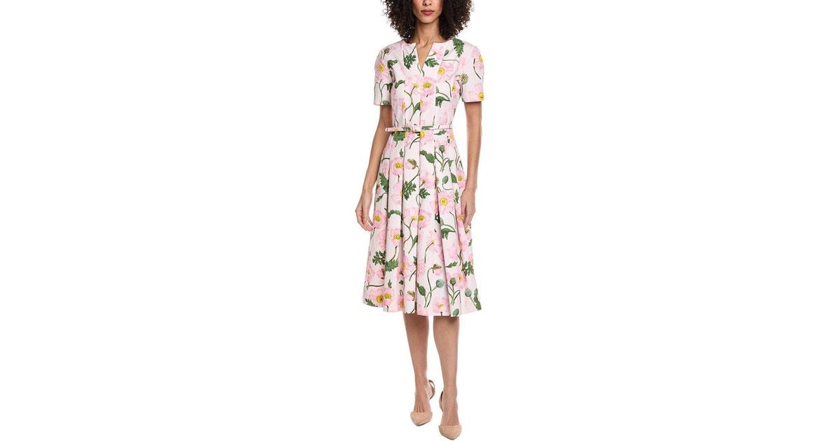 Oscar de la Renta Split Neck Painted Poppies Silk-Lined A-Line Dress in ...