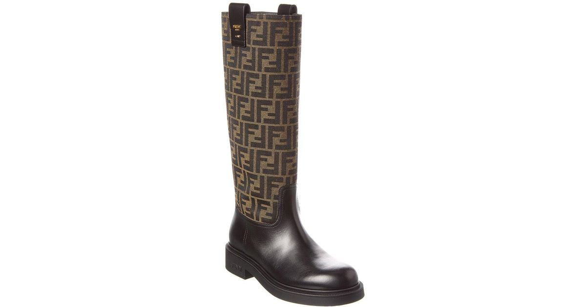 Fendi Filo Ff Jacquard Canvas & Leather Knee-High Boot in Brown | Lyst