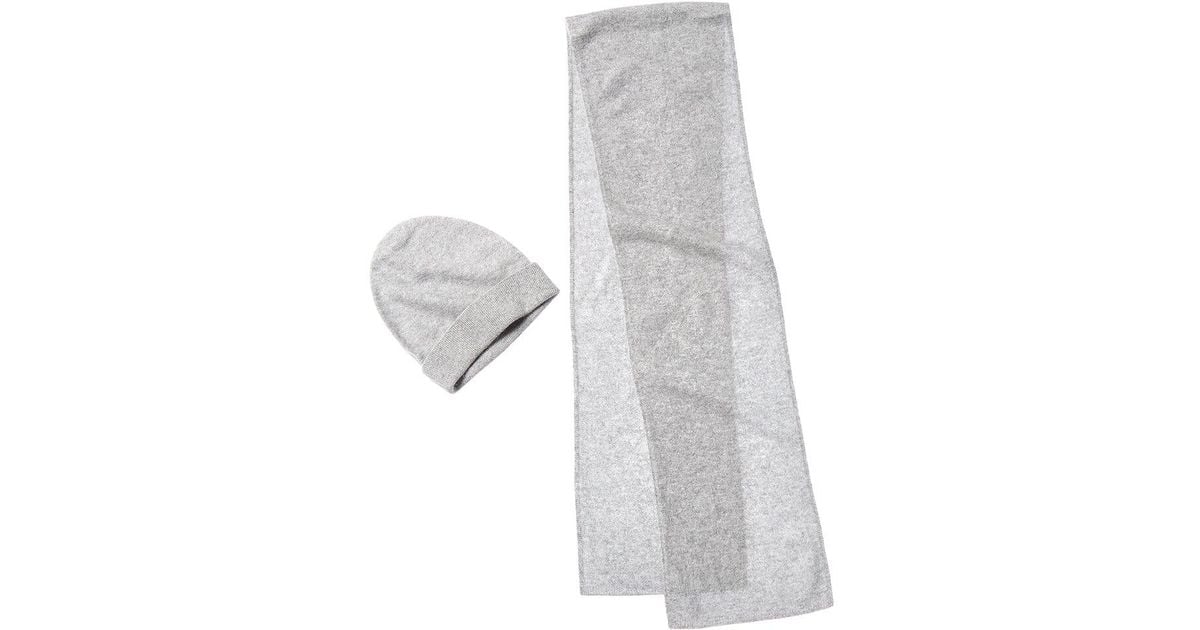Amicale Cashmere Brushed Cashmere Hat & Scarf Set in White | Lyst UK