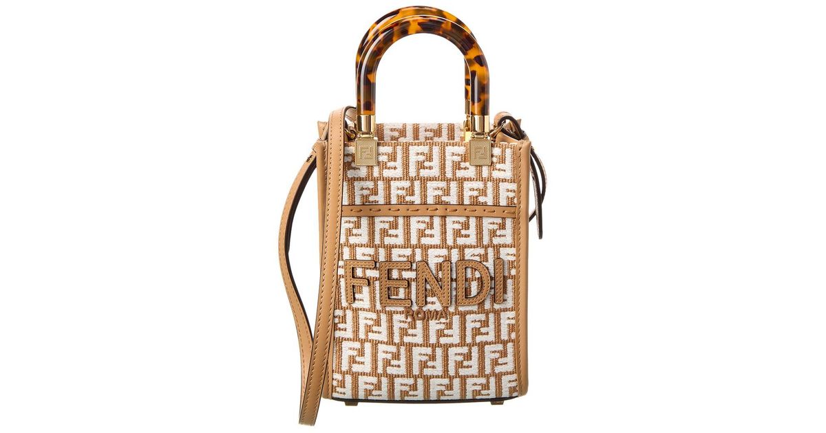 Fendi Sunshine Mini Raffia & Leather Tote in Brown | Lyst UK