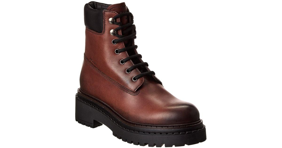 Prada Leather & Re-Nylon Work Boot in Brown | Lyst