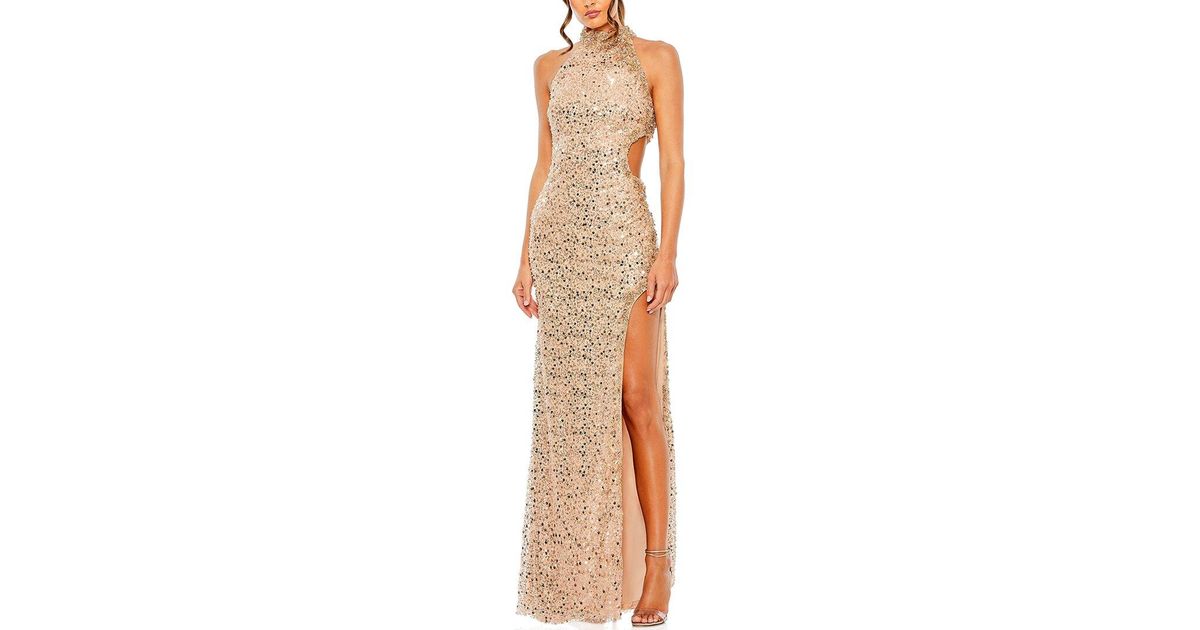 Mac Duggal Side Cut Out High-Neck Sequin Gown in Natural | Lyst