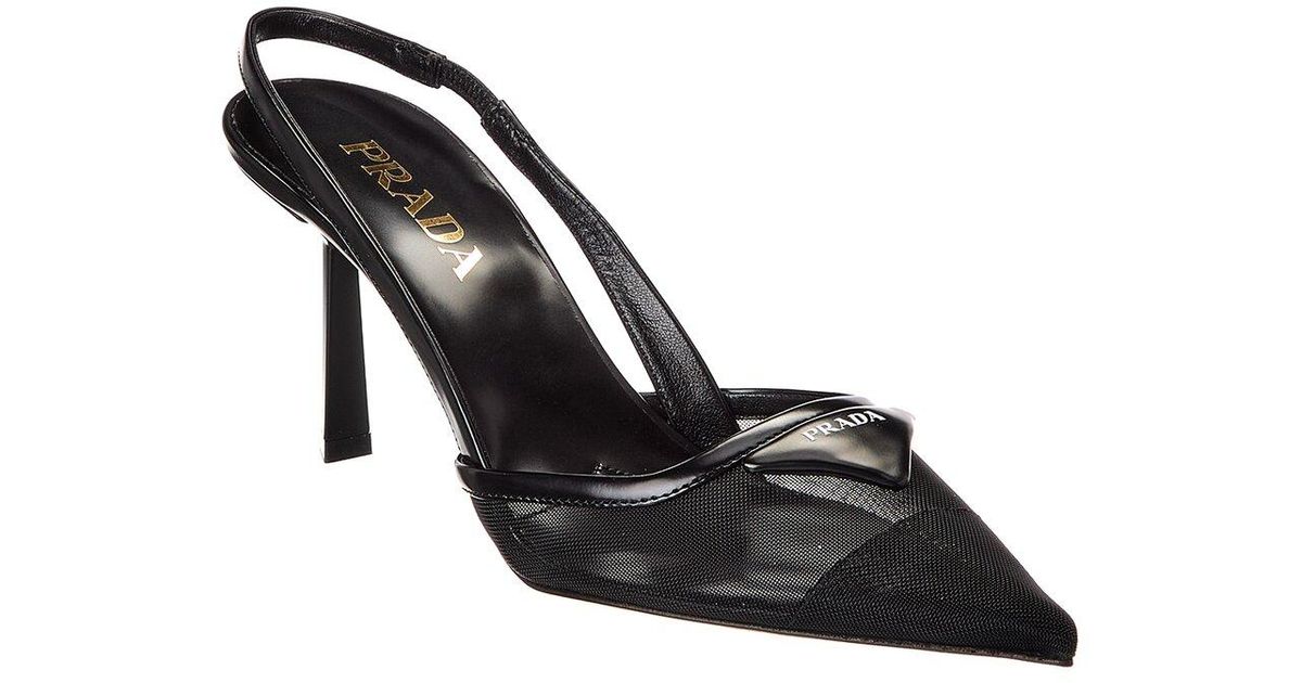 Prada Logo Mesh & Leather Pointy-Toe Slingback Pump in Black | Lyst