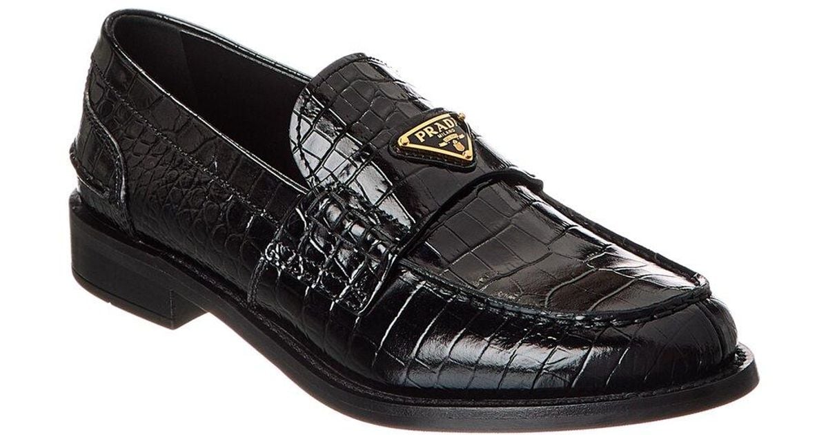 Prada Croc-Embossed Leather Loafer in Black | Lyst