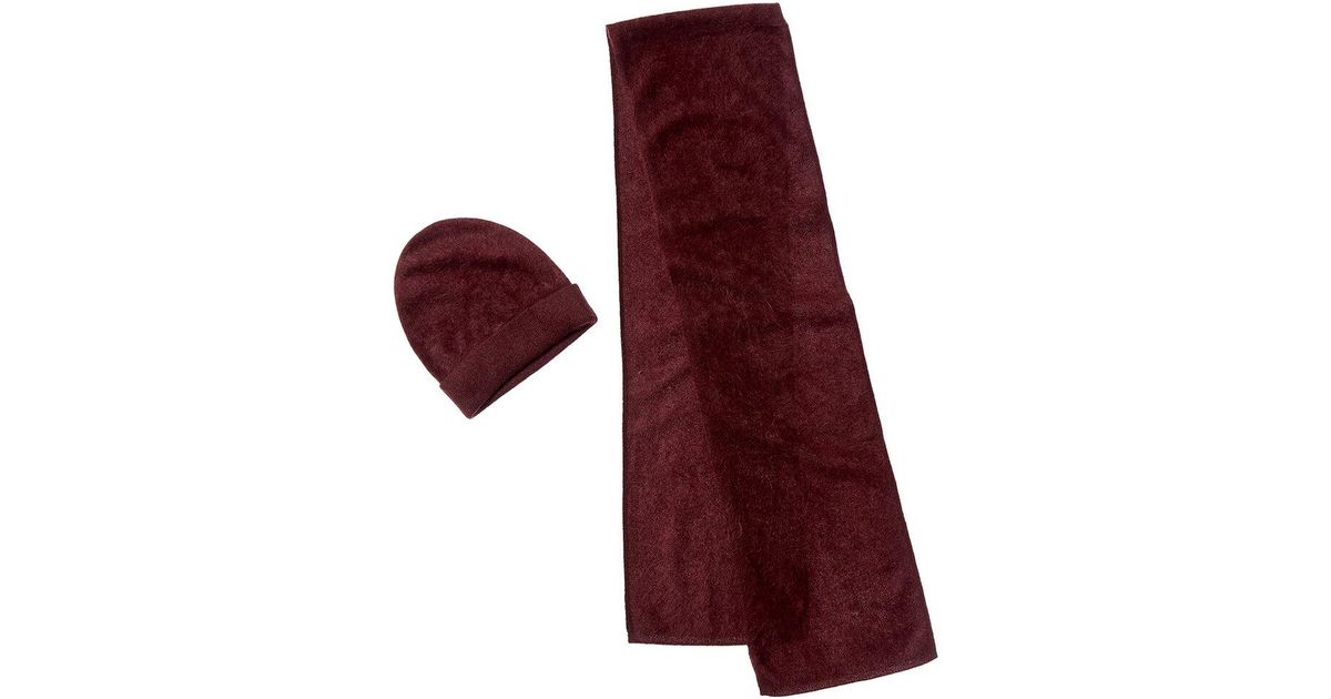 Amicale Cashmere Brushed Cashmere Hat & Scarf Set in Red | Lyst UK