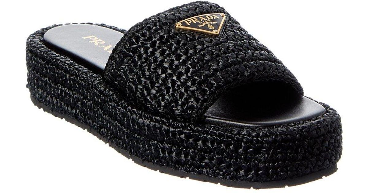 Prada Logo Crochet Platform Sandal in Black | Lyst