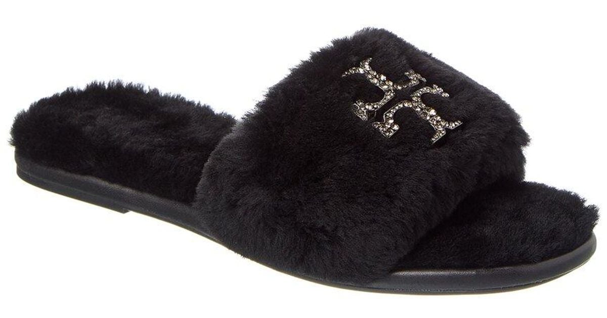 Tory Burch Everly Jeweled Shearling Slide in Black | Lyst