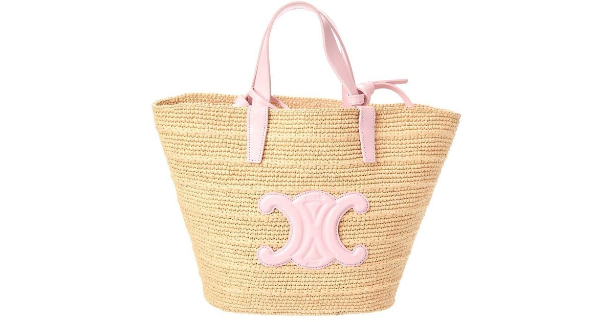 Celine Teen Classic Panier Raffia & Leather Tote in Pink | Lyst UK