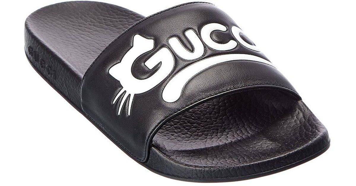 Gucci Kitty Logo Leather Slide in Black | Lyst