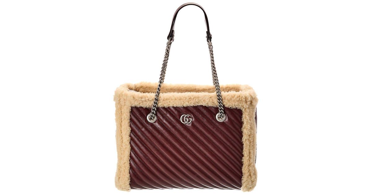 Gucci Gg Marmont Medium Leather & Shearling Tote in Red | Lyst