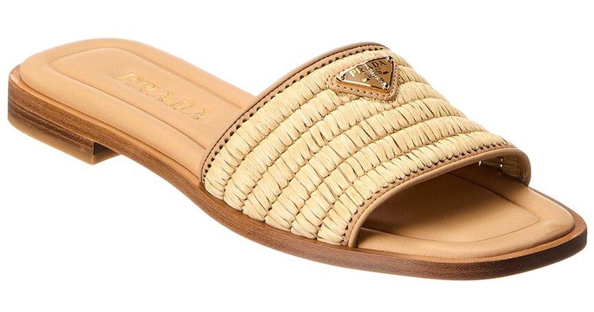 Prada Straw & Leather Sandal in Natural | Lyst
