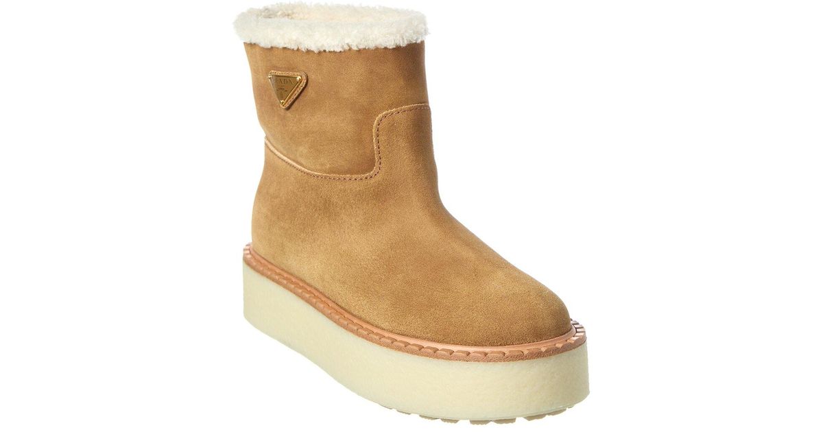 Prada Logo Suede & Shearling Platform Boot in Natural | Lyst