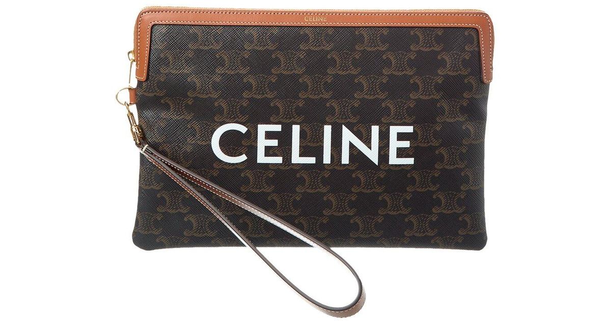 Celine Small Triomphe Canvas & Leather Pouch in Black | Lyst