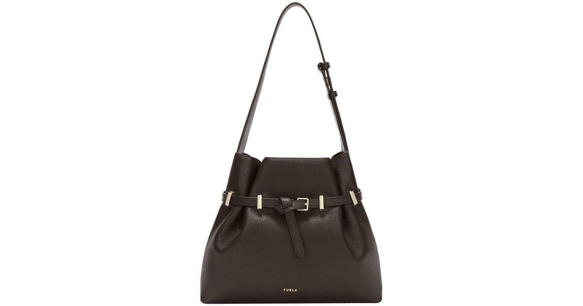 Furla Aura Medium Leather Drawstring Pouch in Black | Lyst