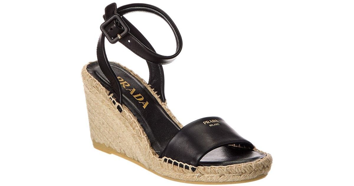 Prada Logo Leather Wedge Sandal in Metallic | Lyst