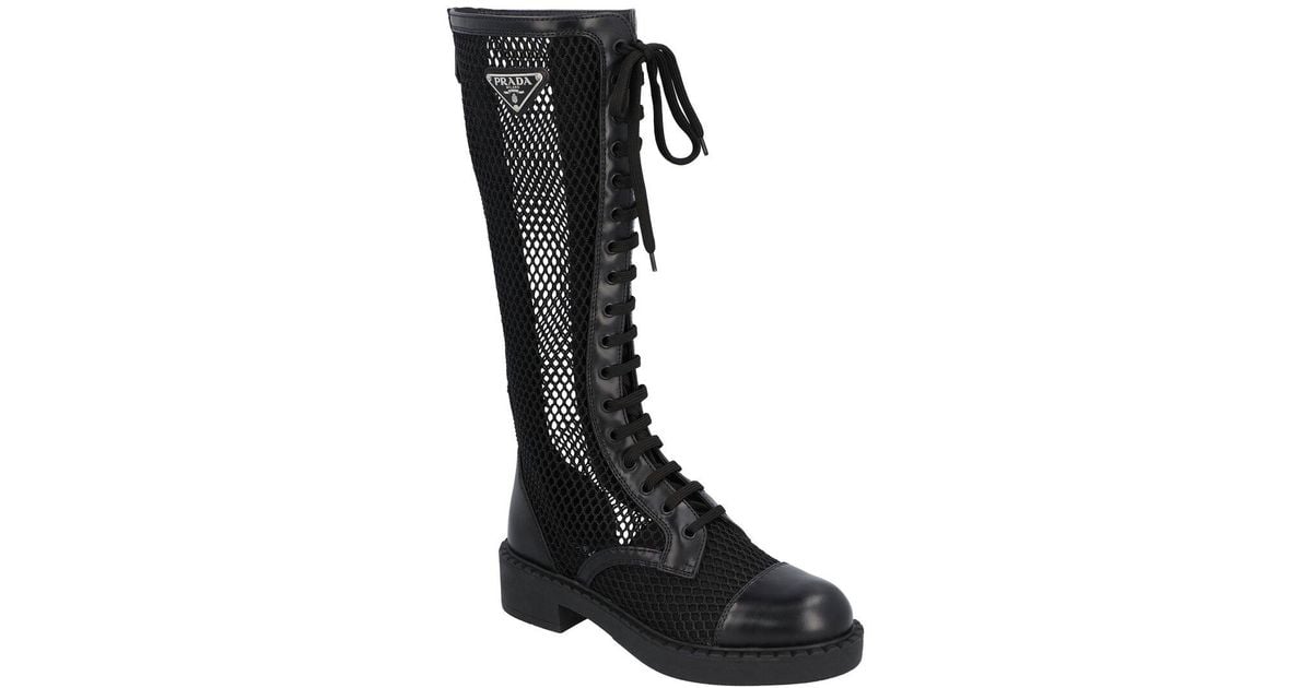 Prada Logo Mesh & Leather Knee-High Boot in Black | Lyst UK