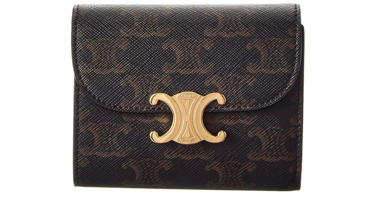Celine Small Flap Triomphe Canvas & Leather Wallet in Black | Lyst