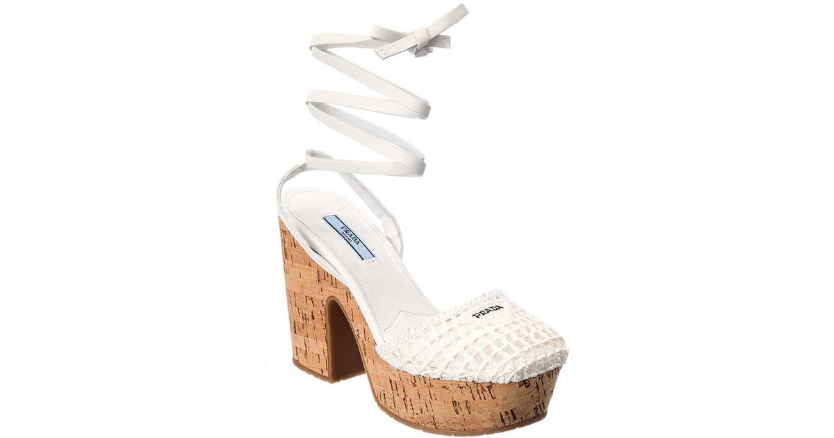 Prada Logo Raffia Platform Sandal in White | Lyst