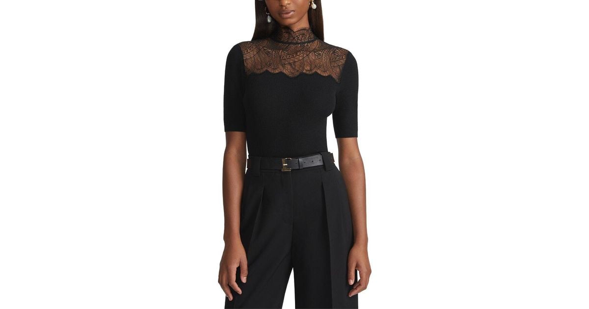 Lafayette 148 New York Petite Lace Trim Ribbed Sweater in Black | Lyst